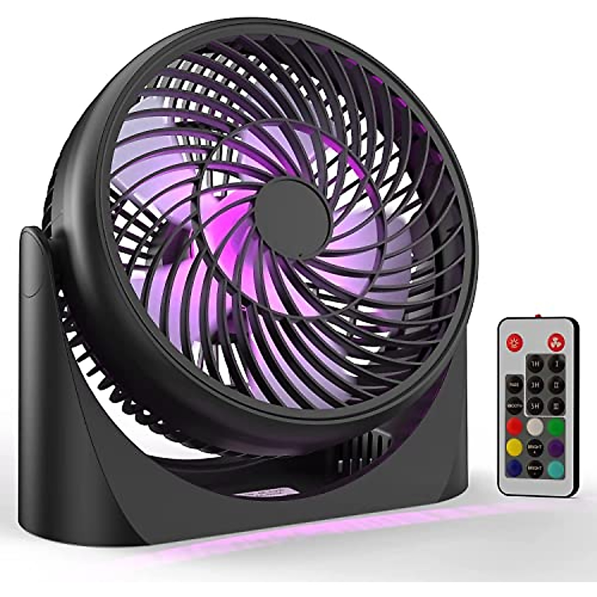 KITWLEMEN USB Desk Fan with Remote, 8 inch Portable Table Fan with 3 Speeds Strong Airflow, RGB Light, Quiet Operation and 360°Rotate for Home Office Bedroom