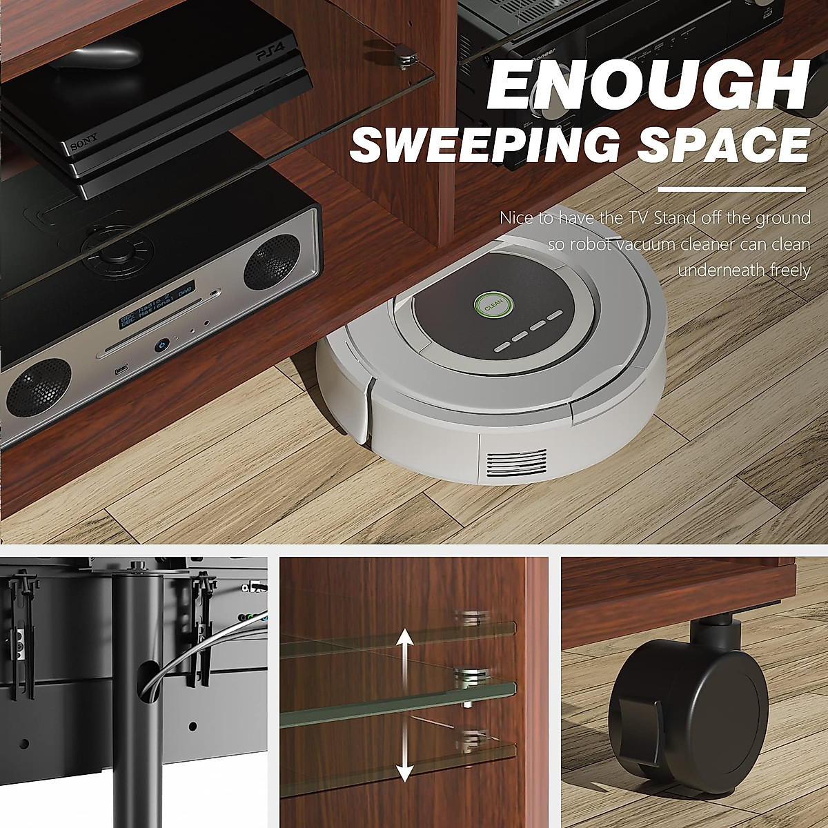 Rfiver Swivel Wood TV Stand on Wheels with Mount for 32-70 Inch Flat Screen TVs, Rolling Entertainment Center with 4-Shelf Storage for Media Console, Universal Floor TV Stand Cabinet for Home, Walnut