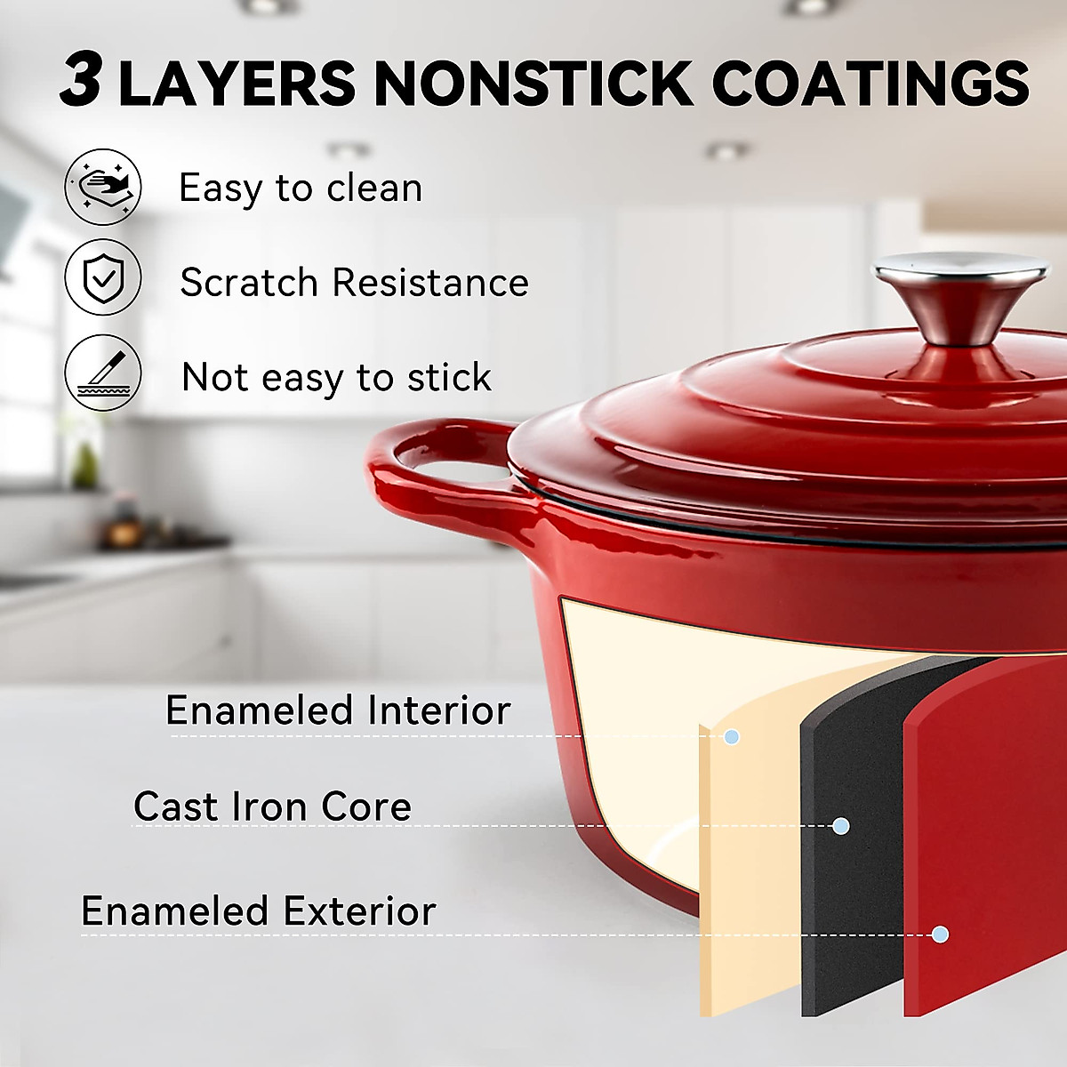 Miereirl 6 QT Enameled Dutch Oven Pot with Lid, Cast Iron Dutch Oven with Dual Handles for Bread Baking, Cooking, Non-stick Enamel Coated Cookware (Red)