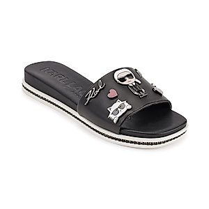 Karl Lagerfeld Paris Women's Jeslyn Effortlessly Fashionable Slide-On Shoes with Bold KLP Pins Flat Sandal, Black, 8