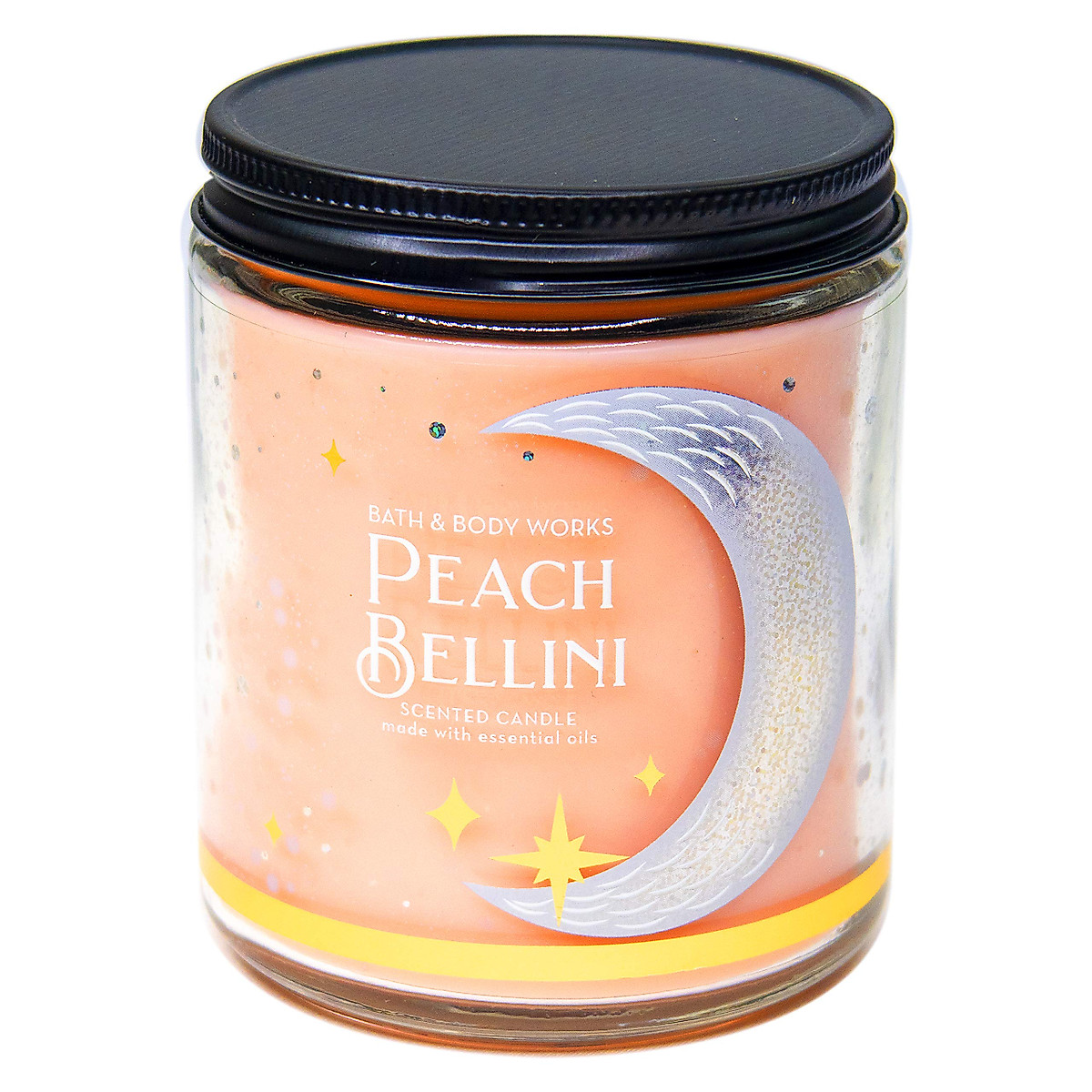 White Barn Bath and Body Works, 1-Wick Candle w/Essential Oils - 7 oz - 2020 Holidays Scents! (PeachBellini), Pink Soy Wax, Multicolor Jar Print, Transparent Glass, Black Cap