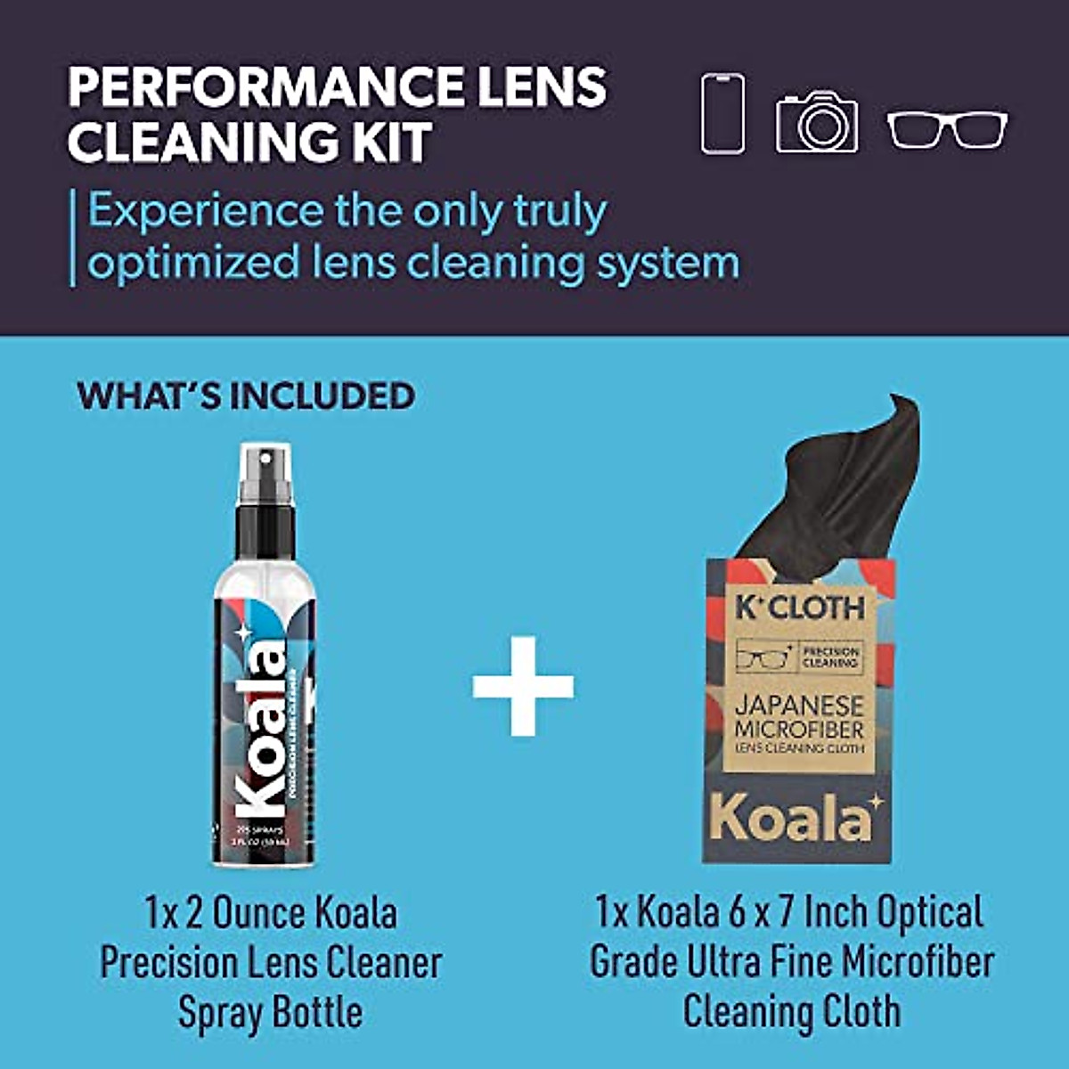 Koala Eyeglass Lens Cleaner Spray Kit | USA Made | 2 Ounces Glasses Cleaner + 1 Koala Microfiber Cleaning Cloth | Lens, Screen, & Camera Cleaning Kit | Streak & Alcohol Free | Safe for All Lenses