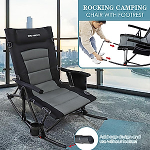 WKFAMOUT Oversized Folding Rocking Camping Chair with Footrest Removable Pillow Portable Outdoor Rocker Padded High Back Ergonomic Armrests for Patio Garden Lawn
