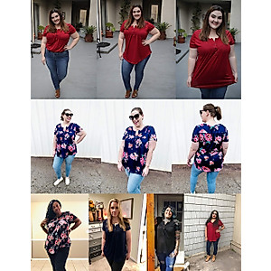 VISLILY Women's Plus Size V Neck Short Sleeve Henley Shirts Pleated Tunic Tops Black 20W