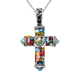 Shop LC Colorful Rainbow Cross Necklace for Women Christian Jewelry Black Oxidized Murano Style Millefiori Glass Flower Stainless Steel Chain Size 20" Catholic Faith Religious Birthday Gifts for