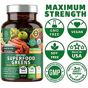 N1N Premium Organic Superfood Greens [28 Powerful Ingredients] Natural Fruit and Veggie Supplement with Alfalfa, Beet Root and Ginger to Boost Energy, Immunity and Gut Health, Made in USA, 60 Ct
