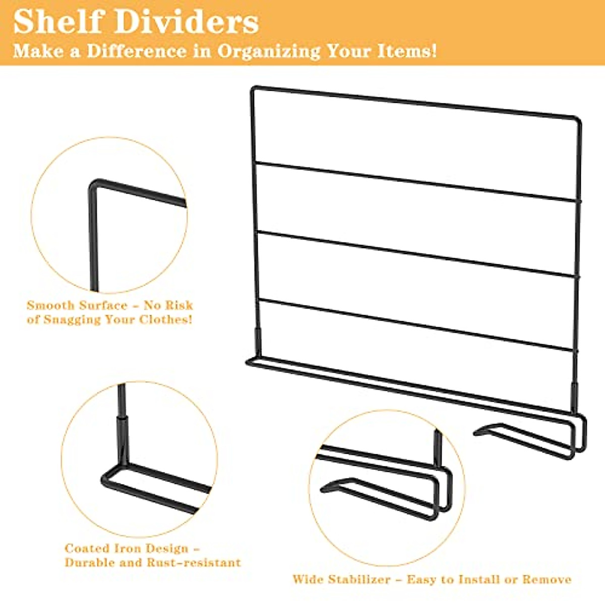 Sunexinlo Shelf Dividers,12 pcs Black Wire Shelf Wood Closet Organizers and Storage for Bedroom