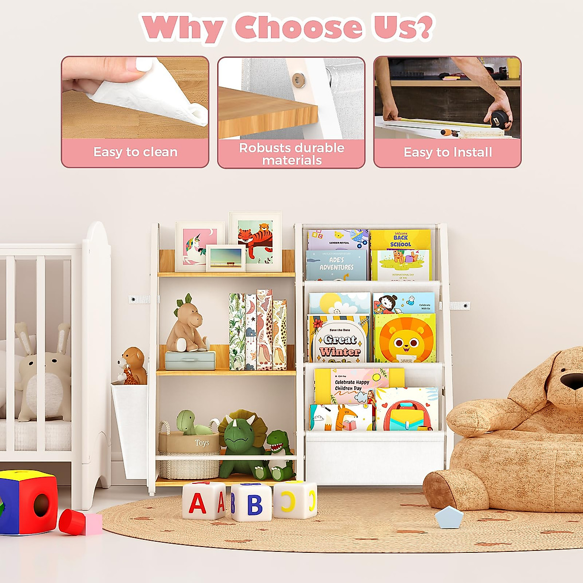 Maonlyking Kids Bookshelf and Toy Organizer, 3 Tier Bookshelf for Kids, Montessori Baby Toddler Bookshelf for Kids, Kids Bookcase, Toy Storage Organizer, for Playroom, Bedroom, Nursery