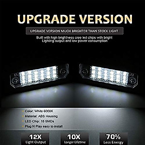 D-Lumina LED License Plate Light Tag Lamp Assembly for Fo-rd Flex Focus Fusion Taurus Mus-tang Lincoln Mercury, Powered by 18-SMD 6000K White Tag Lights, Pack of 2