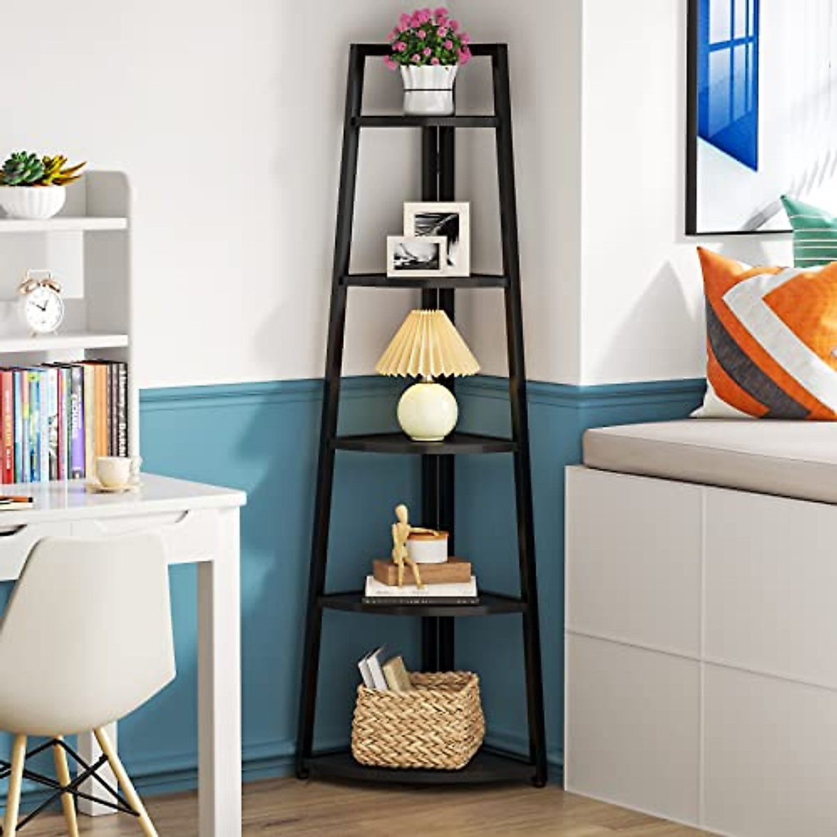 Tribesigns 5 Tier Corner Bookshelf and Bookcase, 70 inch Tall Corner Shelves Rustic Corner Ladder Shelf Indoor Plant Stand for Living Room, Kitchen, Home Office (Black)