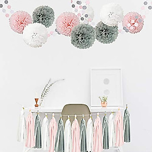 InBy 26pcs Pink Grey Party Decorations Baby Shower Decoration for Girl 12" 10" 8" Tissue Paper Flower Pom Poms Tassel Garland for Wedding Birthday Bachelorette Bridal Baby Girl Shower Party Decoration
