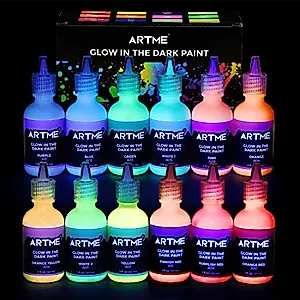 ARTME Glow in The Dark Paint, Glow Paint Set of 12 Bright Colors 30ml/1oz, Acrylic Glow in The Dark Paint Perfect for Art Painting, DIY projects, Halloween and Christmas Decorations, Rich Pigments for Adults, Artists and Students
