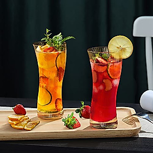 Joeyan Water Juice Cocktail Drinking Glasses Cups,Origami Style Glassware,Ripple Highball Glass,Modern Ribbed Tumblers for Iced Tea Coffee Beverages Wine Beer,Hand Made,13.5 oz,Set of 4,Amber