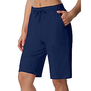ChinFun Women's Yoga Bermuda Shorts Athletic Lounge Cotton Sweat Shorts 10" Long Shorts Workout Running Shorts Navy L