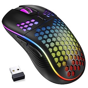 Wireless Gaming Mouse Honeycomb 2.4G USB Cordless Mouse RGB Rechargeable PC Game Mice with 7-Color LED Lights，3 Adjustable DPI for Windows Laptop Desktop Computers -Black