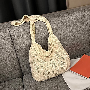 Women's Crochet Tote Bag Knitted Shoulder Crossbody Handbags Aesthetic Shopping Bag Cute Purses Crocheted Hobo Bag(White)