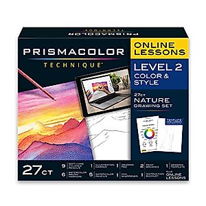 Prismacolor Technique, Art Supplies and Digital Art Lessons, Nature Drawing Set, Level 2, Watercolor Pencils, Brush Markers, and More, Sunset Landscape Drawing, 27 Count
