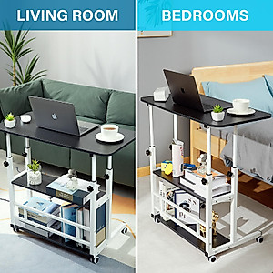 BYMECOST Adjustable Height Student Computer Desk, Mobile Portable Laptop Table for Home Office, 31.5" Small Spaces Standing Desk with Storage for Bedside Study Work Game on Wheels