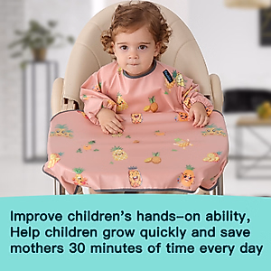 PewinGo Weaning Bib & BLW Attaches and Fully Cover to Baby Highchair, Long Sleeves Bib with Waterproof, Machine Washable & Comfortable,Easy to Clean, Suitable for Baby Infant-Pink