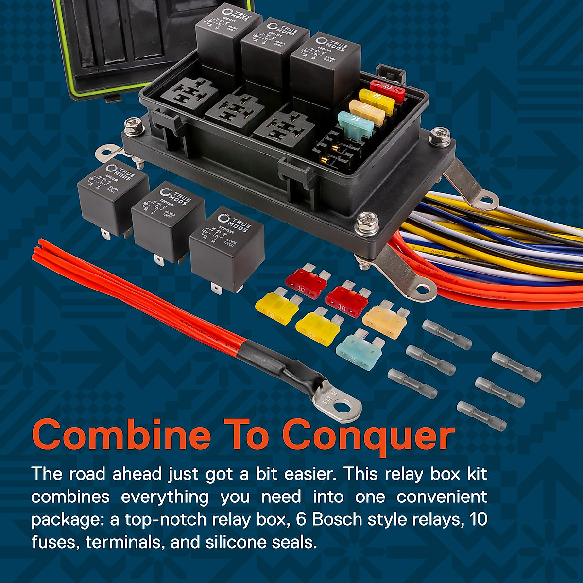 True Mods 12V Auto Waterproof Fuse 5-Pin Relay Box Block Kit w/ 12AWG + 16AWG Pre-Wired Harness [Bosch Style Relays & Fuses] Universal Relay Panel for DC Automotive Vehicles Cars Marine Boat Jeep UTV