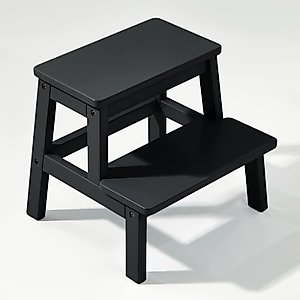HOUCHICS Wooden Step Stool for Adults Kids, Solid Wood Bed Step Stool, Multi-Purpose 2-Step Stool for Kitchen, Bed, Bathroom with 260lb Load Capacity Black