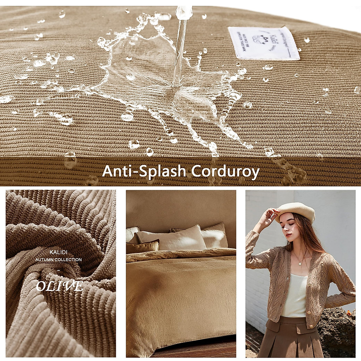 KALIDI Corduroy Tote Bag, Zipper Messenger Bag Shoulder Hobo Anti Splash Crossbody Bag Casual Work Shopping Women Khaki