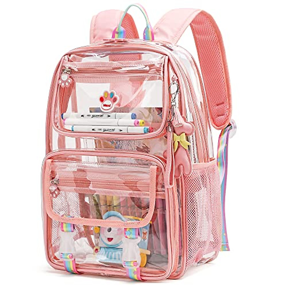 Maod Clear Backpack Heavy Duty Stadium Approved PVC Transparent Large School Book Bag with Free Sticker and A Pendant (Pink)