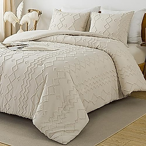 Andency Beige Tufted Comforter Set King(104x90Inch), 3 Pieces(1 Boho Comforter, 2 Pillowcases) Textured Farmhouse Comforter, Soft Microfiber Down Alternative Geometric Comforter Bedding Set