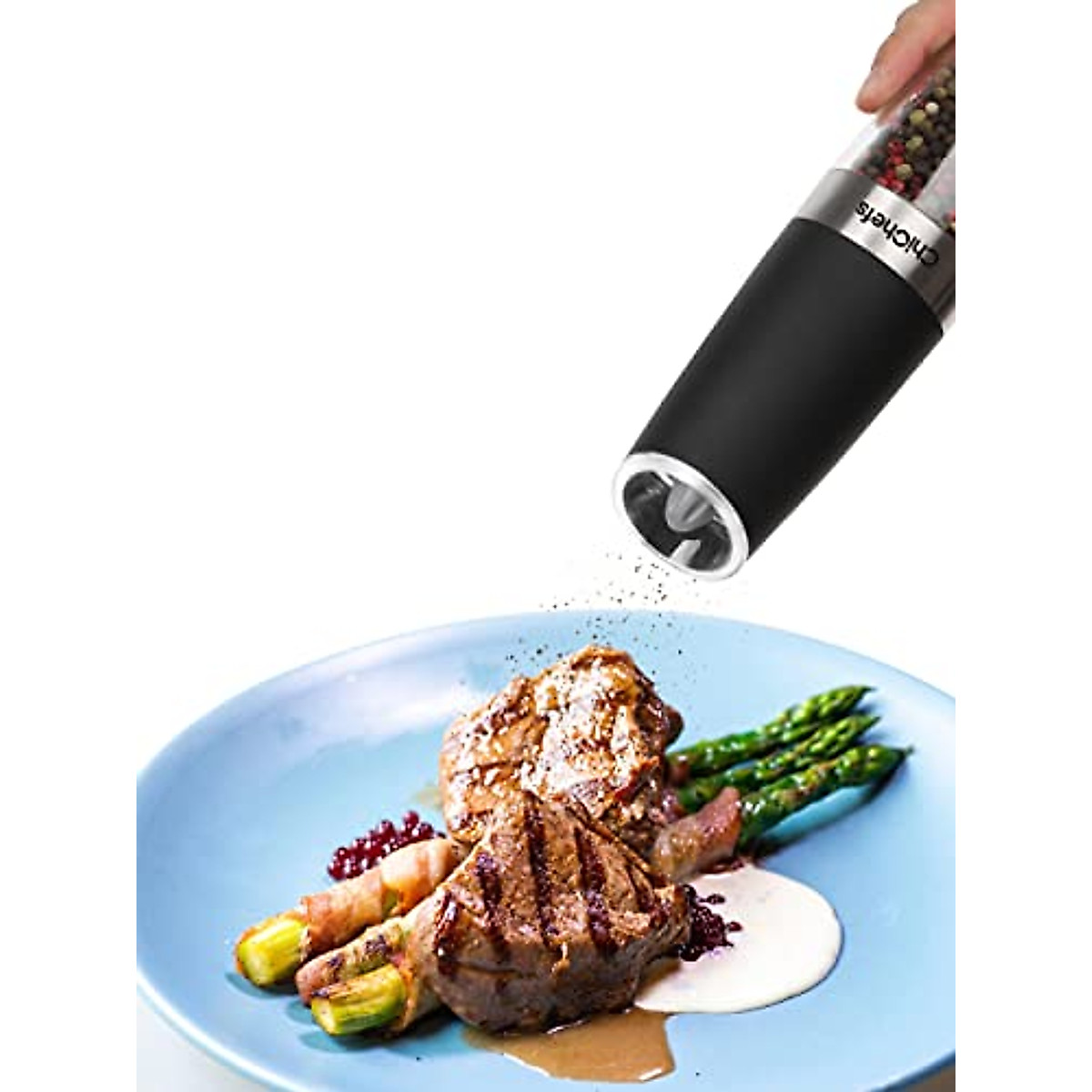 Electric Gravity Salt and Pepper Mill Set, Automatic Salt and Pepper Mill Grinder, Battery Operated with White LED Light, Adjustable Coarseness, One Handed Operation, Matte Black by ChiChefs