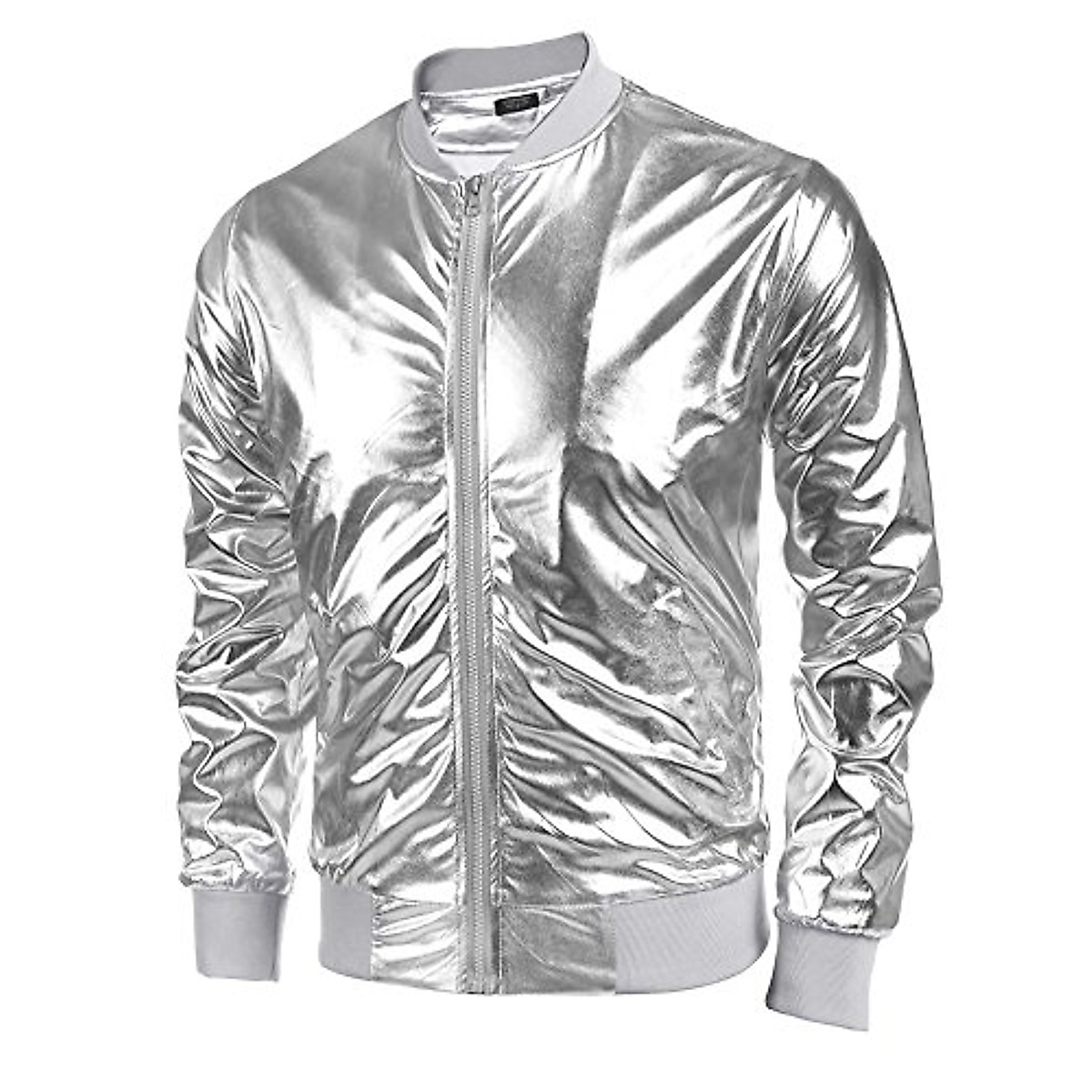 Coofandy Mens Metallic Nightclub Varsity Jacket Shiny Button Zip-up Baseball Bomber For Party,Disco,Dance,Silver,Medium