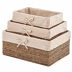 EZOWare Natural Seagrass Woven Baskets, Set of 3 Rectangular Storage Organizer Wicker Nesting Container Bins Boxes for Organizing Kids Baby Closets, Room Decor, Gift Baskets Empty - Mixed Size