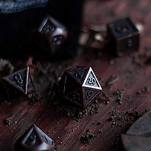 HEIMDALLR Metal DND Dice Set 7pcs - Indestructible Metal Dice Set w/Dice Bag; D&D Dice Set D&D (Dungeons and Dragons Dice Set) w/ D20 Dice - Blacksmith Craft Dice (Weathered Bronze)