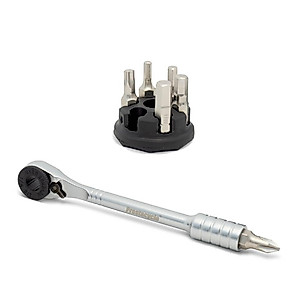 Prestacycle Prestaratchet Micro, Heavy-Duty Mini Ratchet & 1/4 Bits for Bike Repair & Maintenance, 40Nm Small Ratchet & Screwdriver with 6 Hex Bit Set, with Round Bit Holder & Tool Stand