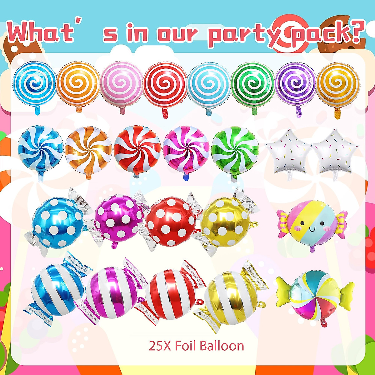 Candy Balloons Candyland Party Decorations - 25pieces Candy Foil Balloons for Kids Sweet Candy Birthday Party Decorations Candyland Baby Shower Supplies