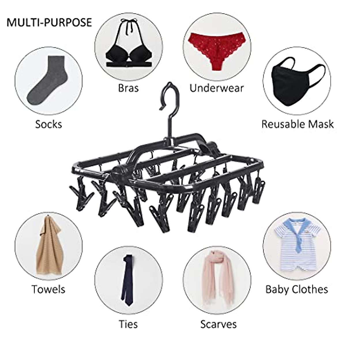 Annaklin Foldable Clip Hangers with 26 Drying Clips, Underwear Hanger with Clips, Plastic Laundry Clip and Drip Drying Hanger for Socks, Bras, Lingerie, Clothes, Sturdy, Black