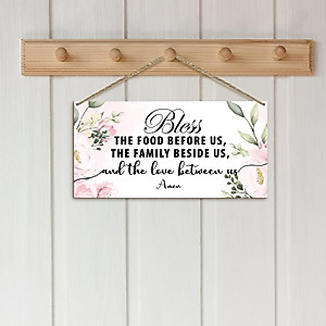 Kitchen Pink Flower Sign, Wood Wall Decoration Plaque with Rope, Home Door Decor Dining Room Shelf Wood Art Plaque for Family, Friends, Coworker, 10 x 5" Bless the Food Family Love Religion Sign -05