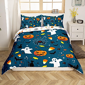 Erosebridal Happy Halloween Bedding Set King Size, Ghost Gothic Style Duvet Cover Pumpkin Candies Comforter Cover for Kids Boys Teens Adult, Spider Bat Reptile Quilt Cover, Dark Blue