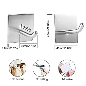 Adhesive Towel Hooks Stainless Steel Heavy Duty Shower Hook Waterproof Wall Hooks Stick on Door Cabinet Robe Rack Hanger for Hanging Clothes, Coats, Bags, Keys, Bathroom Kitchen and Bedroom-4 Packs