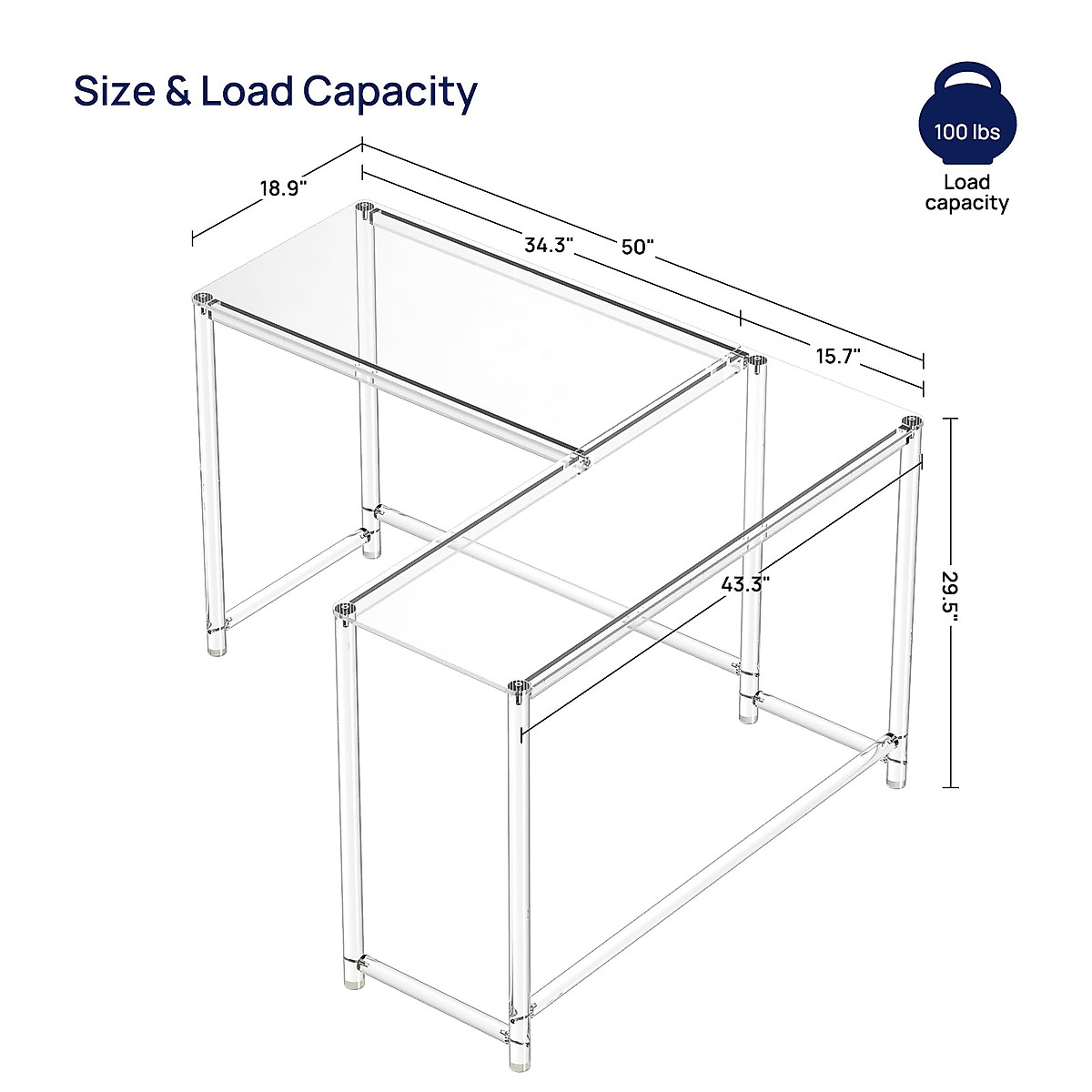 HMYHUM Acrylic Desk L Shaped, 50", Clear Corner Computer Desk for Home Office, Writing, Study, Modern, Easy Assembly
