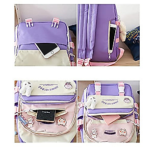 TUDERE Kawaii backpack set of 5 pieces aesthetic backpack for school teenage girls' daily necessities with charm and pins, pencil case, tote bag, small bag.
