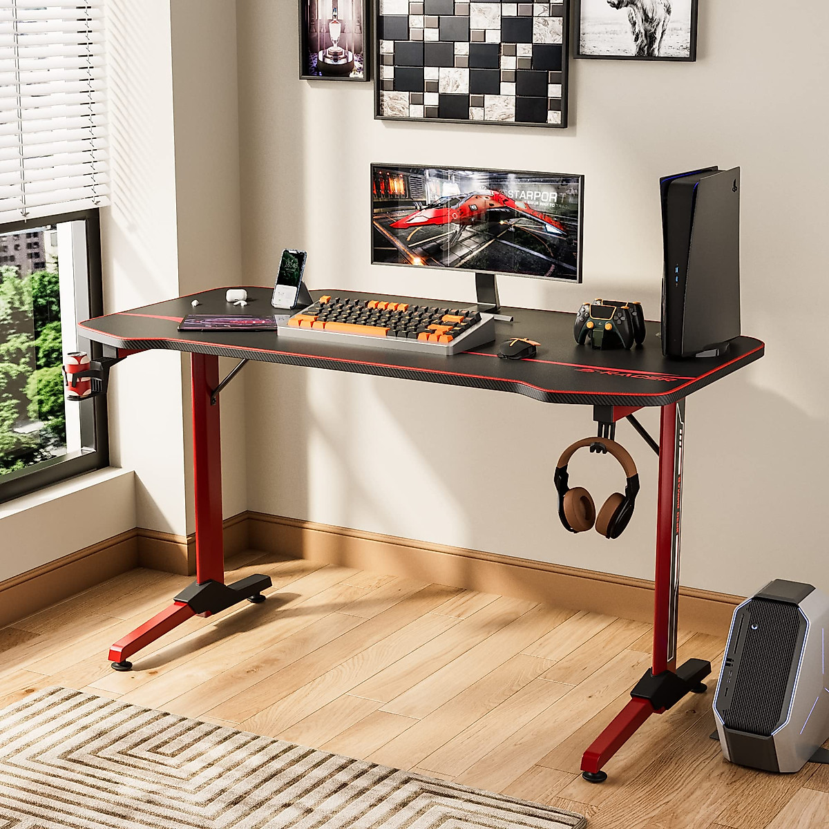 Homall Gaming Desk Computer Desk Racing Style Office Table Gamer Pc Workstation T Shaped Gamer Game Station with Free Mouse Pad, Cup Holder and Headphone Hook (44 Inch, Red)