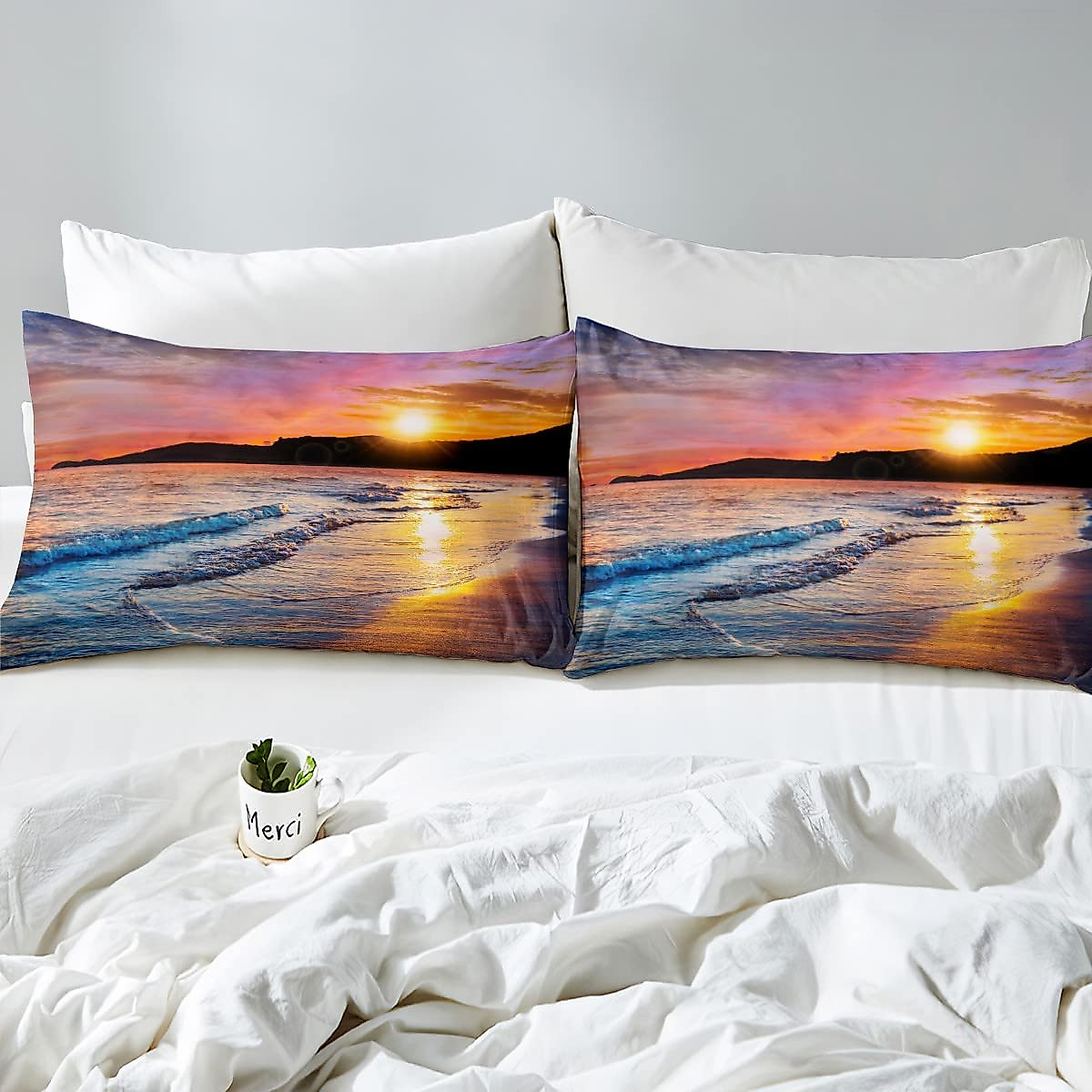 Erosebridal Sunset Duvet Cover Blue Ocean Bedding Set Queen Size Hawaii Beach Comforter Cover Set for Boys Girls Youth,Sea Wave Bed Set Afterglow Scenery Bedroom Decor，Yellow Orange Purple Red