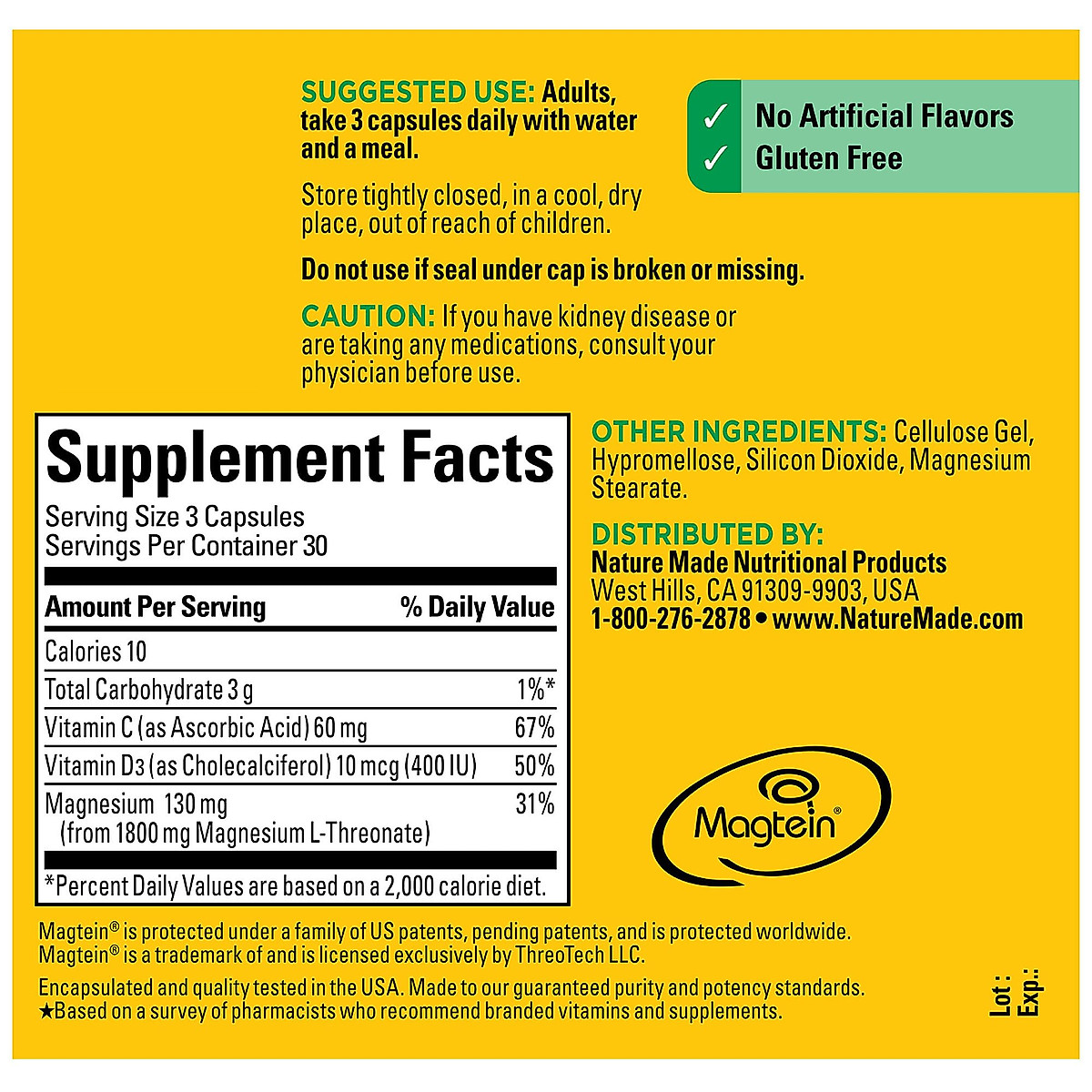 Nature Made Magnesium L-Threonate with Vitamin C & Vitamin D3, Provides 130 mg of Magnesium from 1800 mg Magnesium L Threonate, Cognitive Support Magnesium Supplement, 90 Capsules, 30 Day Supply
