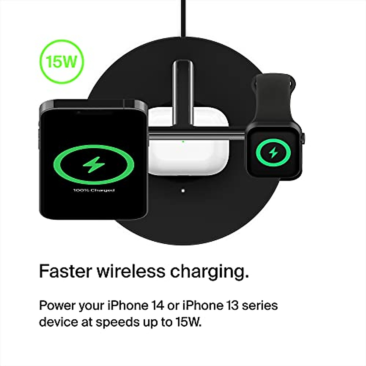 Belkin MagSafe 3-in-1 Wireless Charging Stand - 2ND GEN w/ 33% Faster Wireless Charging for Apple Watch - iPhone 14, 13 & 12 series & AirPods - MagSafe Charging Station For Multiple Devices - Black