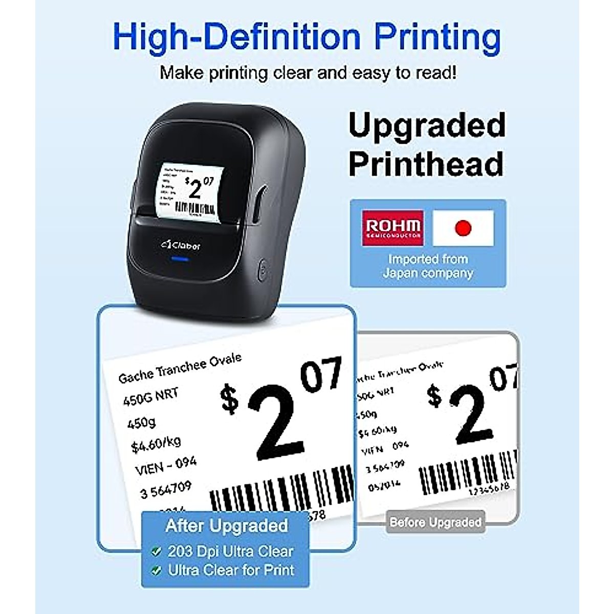 CLABEL Barcode Label Printer, 221B Bluetooth Thermal Label Maker Printer for Addresses, Business, Clothing, Labeling, Mailing, Compatible with Android & iOS System, with 1 Roll Label