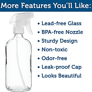 Sally's Organics® Empty Clear Glass Spray Bottles - Refillable 16 oz Containers for Essential Oils, Cleaning Products, Aromatherapy, Misting Plants, or Cooking - Sprayer with Mist and Stream - 2 Pack