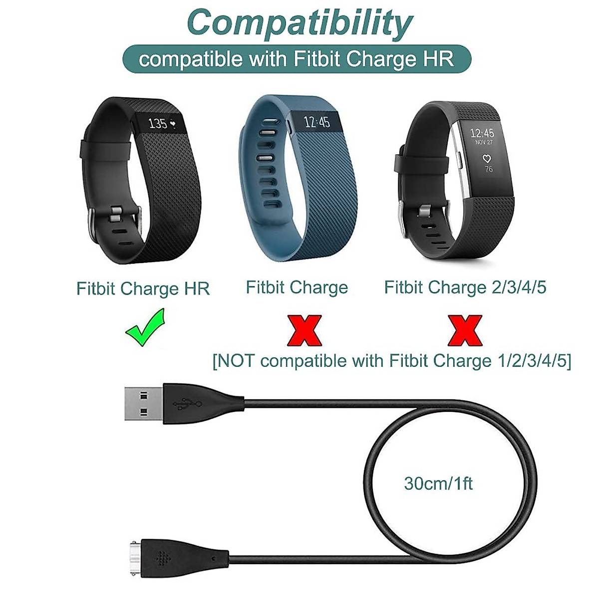 Kissmart Charger for Fitbit Charge HR, Replacement Charging Cable Cord for Fitbit Charge HR (30cm/1ft)