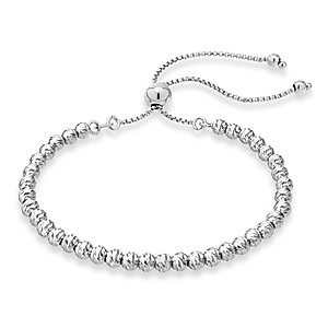 Miabella 925 Sterling Silver or Yellow Gold Over Silver Diamond-Cut Adjustable Bolo 4mm Bead Bracelet for Women, Handmade Italian Beaded Ball Chain Bracelet (sterling silver)