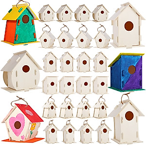 ILHSTY 30 Pack Large DIY Wooden Bird Houses Kits for Kids, Kids Crafts Wood Houses for Crafts Class Parties Birthday, DIY Crafts and Art Birdhouse Kits for Children to Build and Design（30）