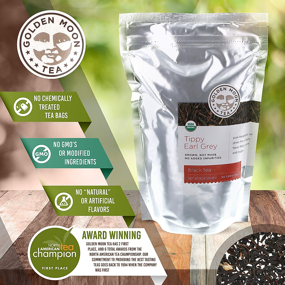Golden Moon Tippy Earl Gray Tea - Organic Black Tea - Real Bergamot Peels & Extract - Loose Leaf, Non-GMO - Half Pound (96 Servings)